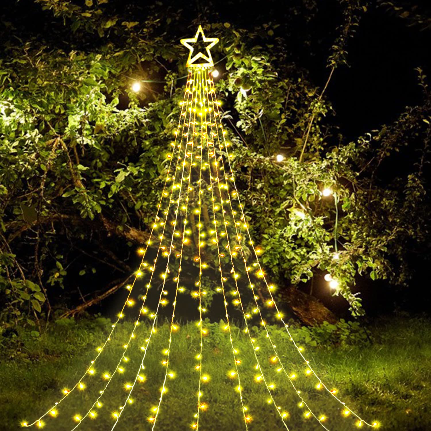 HENHUI ChristmasDecorations Outdoor Star Lights,16.4Ft Christmas Tree Toppers String Lights 320 LED 8 Memory Modes Timer with 14" Lighted Star for Valentine Christmas Holiday Birthday Festival