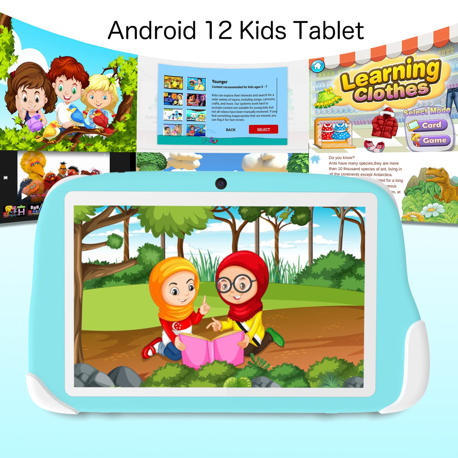 BYANDBY Kids Tablet 8 inch, Android 12 Tablet for kids, 1280×800 HD Touch Screen, 2+32GB, 512GB Expand Tablet PC, Games, Wi-Fi, Dual Camera, Gift for boys(Sky Blue