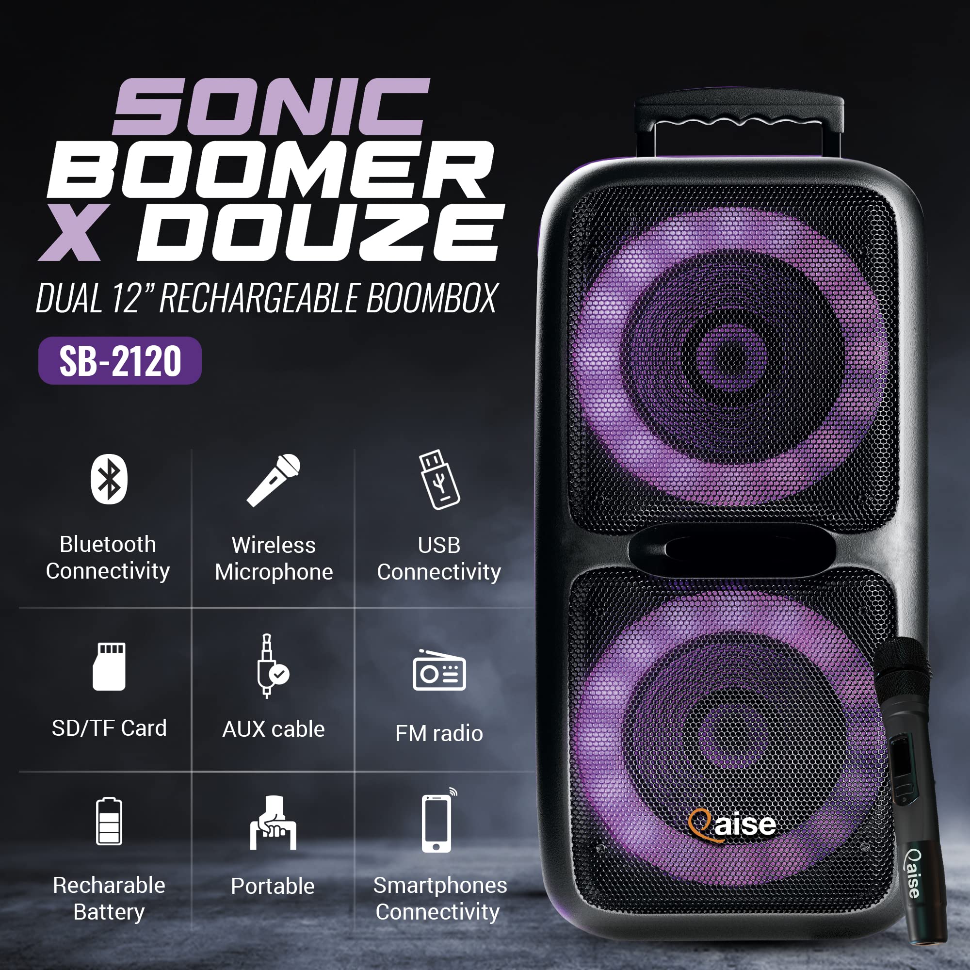 QAISE Portable Bluetooth Speaker & Karaoke Machine - Portable PA System with Wireless Mic, Professional Dual 10β Subwoofer with Lights, 7h Play time, 5000 Watts Peak Power - SonicBoomer X-BASS