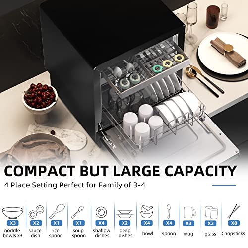 Dr. Lazy Countertop Dishwasher, Portable Dishwasher with 4 Place Settings, 5 Washing Programs, Hot Air Drying & Storage, Compact Dish washer for Dorm, RV& Apartment, Black