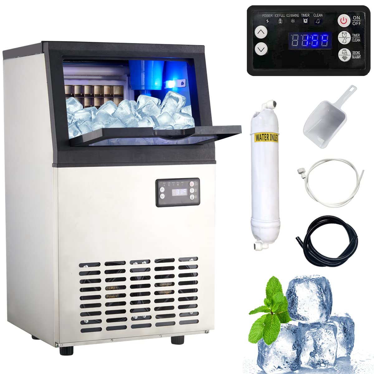 CMICE Commercial Ice Maker Machine, 100lbs/24H Stainless Steel Under Counter ice Machine, Full Heavy Duty Stainless Steel Construction, Include Water Filter, Scoop, Connection Hose