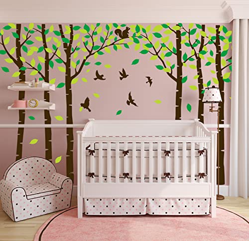 Six Birch Tree Wall Decals Birds Cute Squirrel Forest Wall Stickers for Kids Room Nursery Bedroom Living Room Classroom Decoration (Brown,Green)