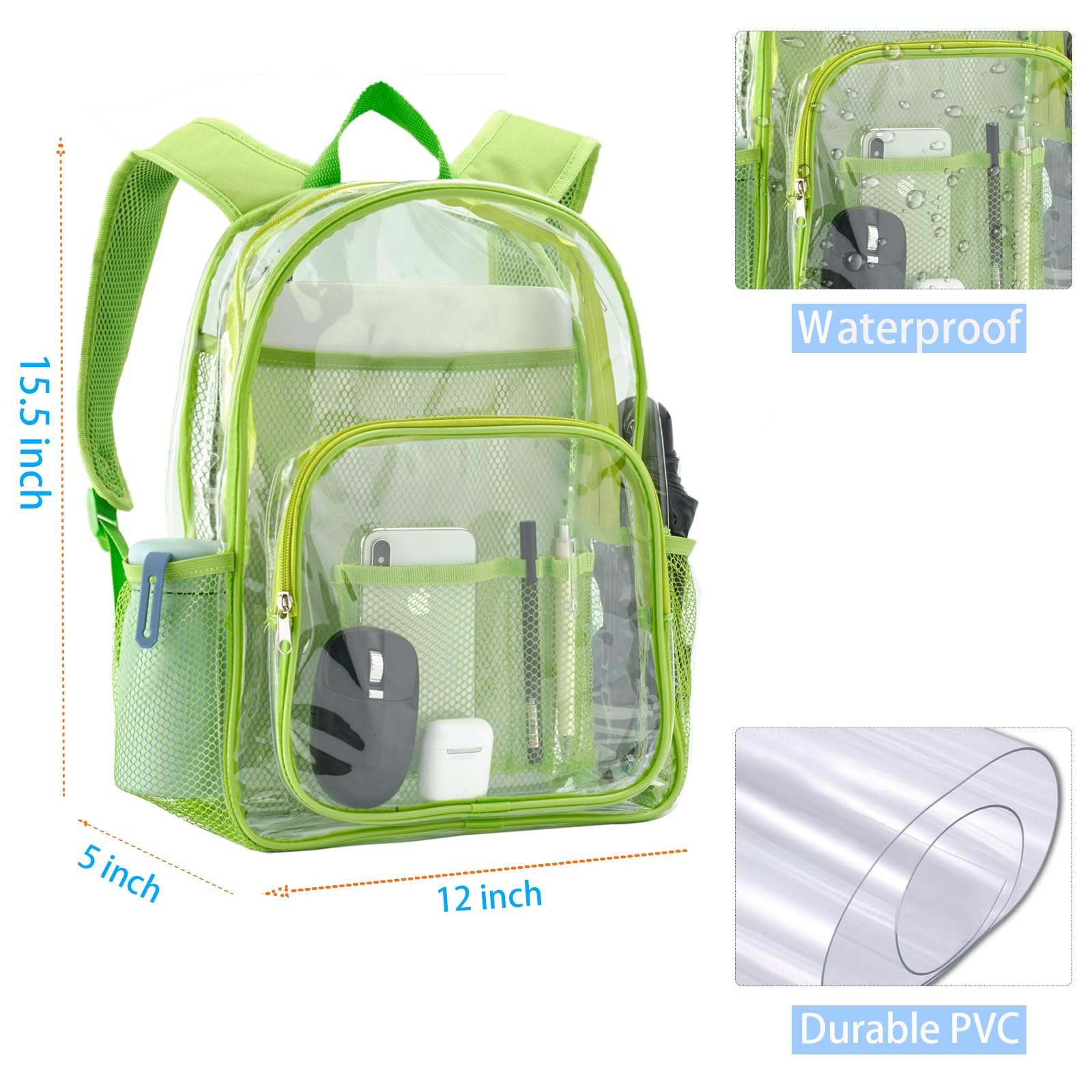 BAJNOKOU Clear Backpack Heavy Duty Pvc Bookbag for School - See Through Transparent Stadium Approved Backpacks for Women Concert Sport Venues Work Travel,Lemon green
