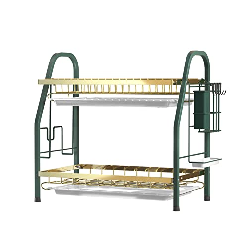 Boiarc Dish Drying Rack for Kitchen Counter, 2 Tier Large Dish Rack & Drainboard Set, Kitchen Dish Drainer Organizer with Utensil Holder & Cutting Board Holder (Gold & Green)