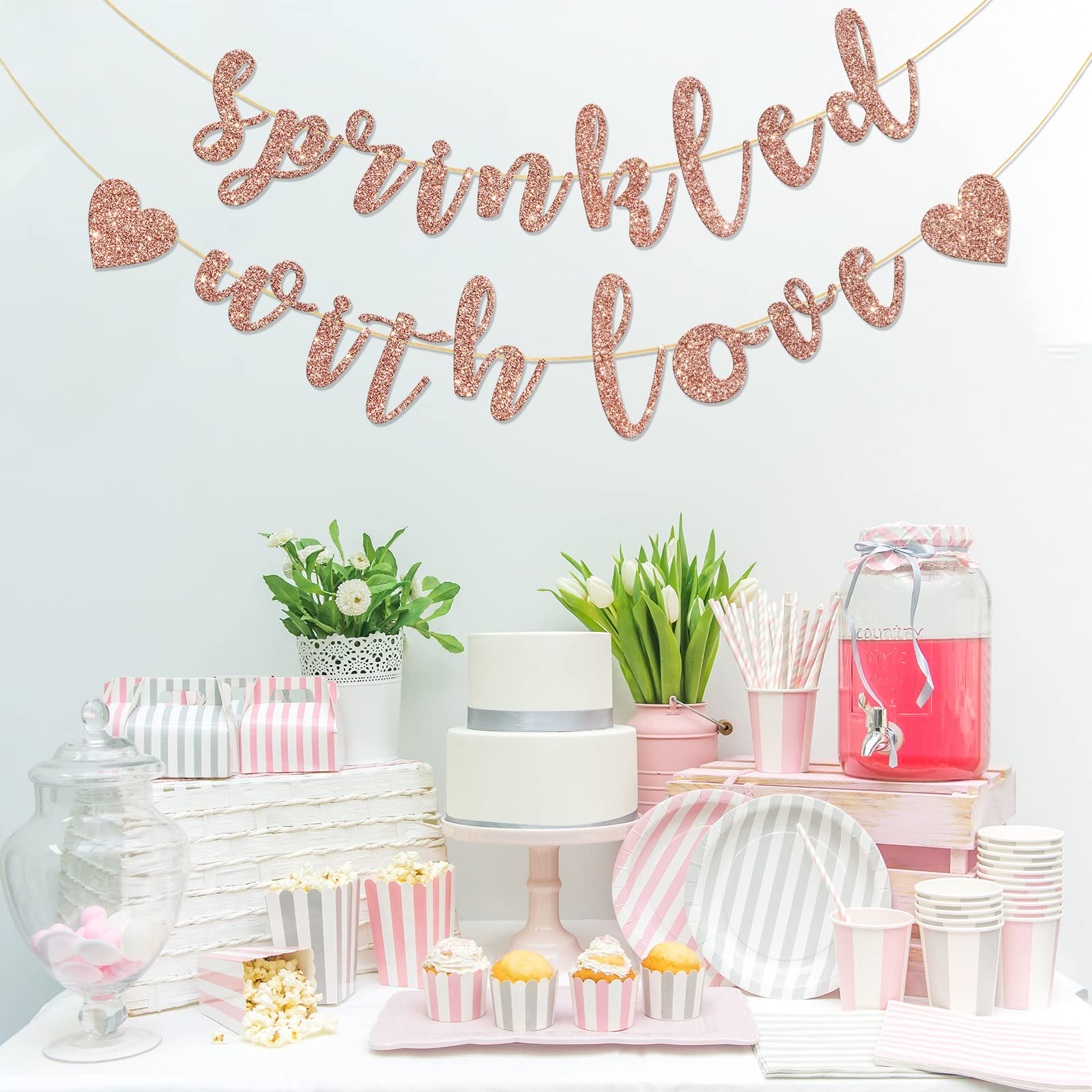 Halodete Sprinkled with Love Banner, Baby Shower Banner, Bridal Shower, Wedding Party Garland Bunting Decorations - Rose Gold Glitter
