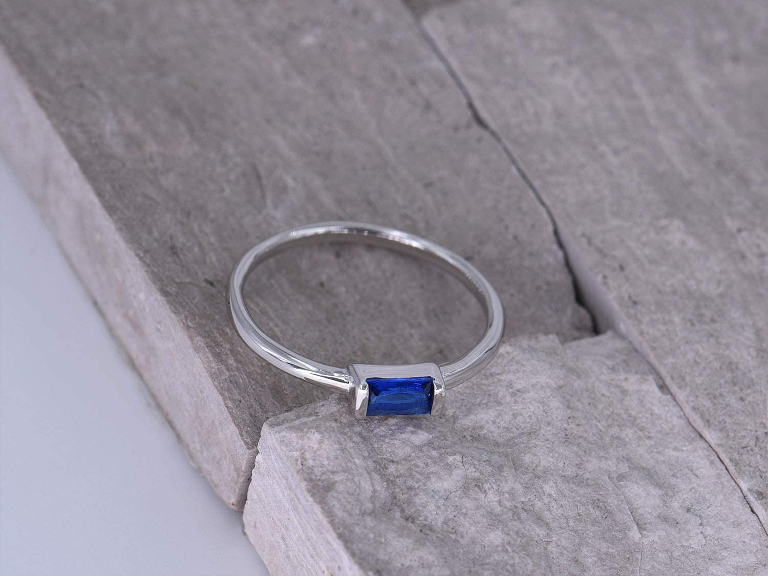 BLOSSOM & HUE CZ Stacking Ring [ .925 Sterling Silver ] - Size 8 - Dainty Vintage Stackable Baguette Blue CZ Band