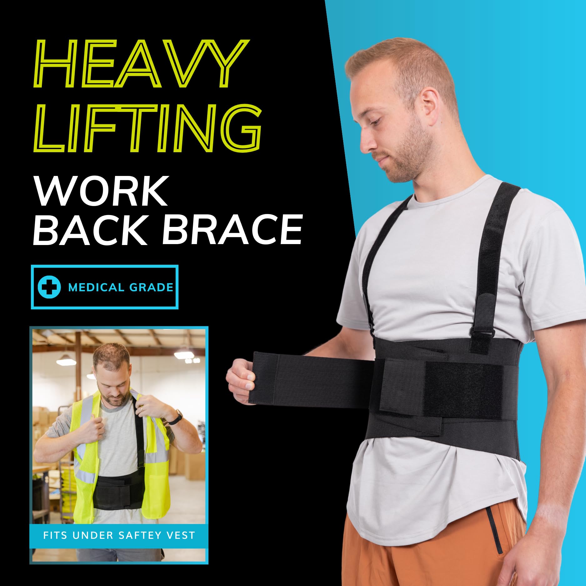 BraceAbility Work Back Brace - Industrial Lower Back Pain Protection Belt for Men and Women, Construction, Moving, Warehouse Jobs - Removable Suspender Shoulder Straps for Heavy Lifting Safety (L)