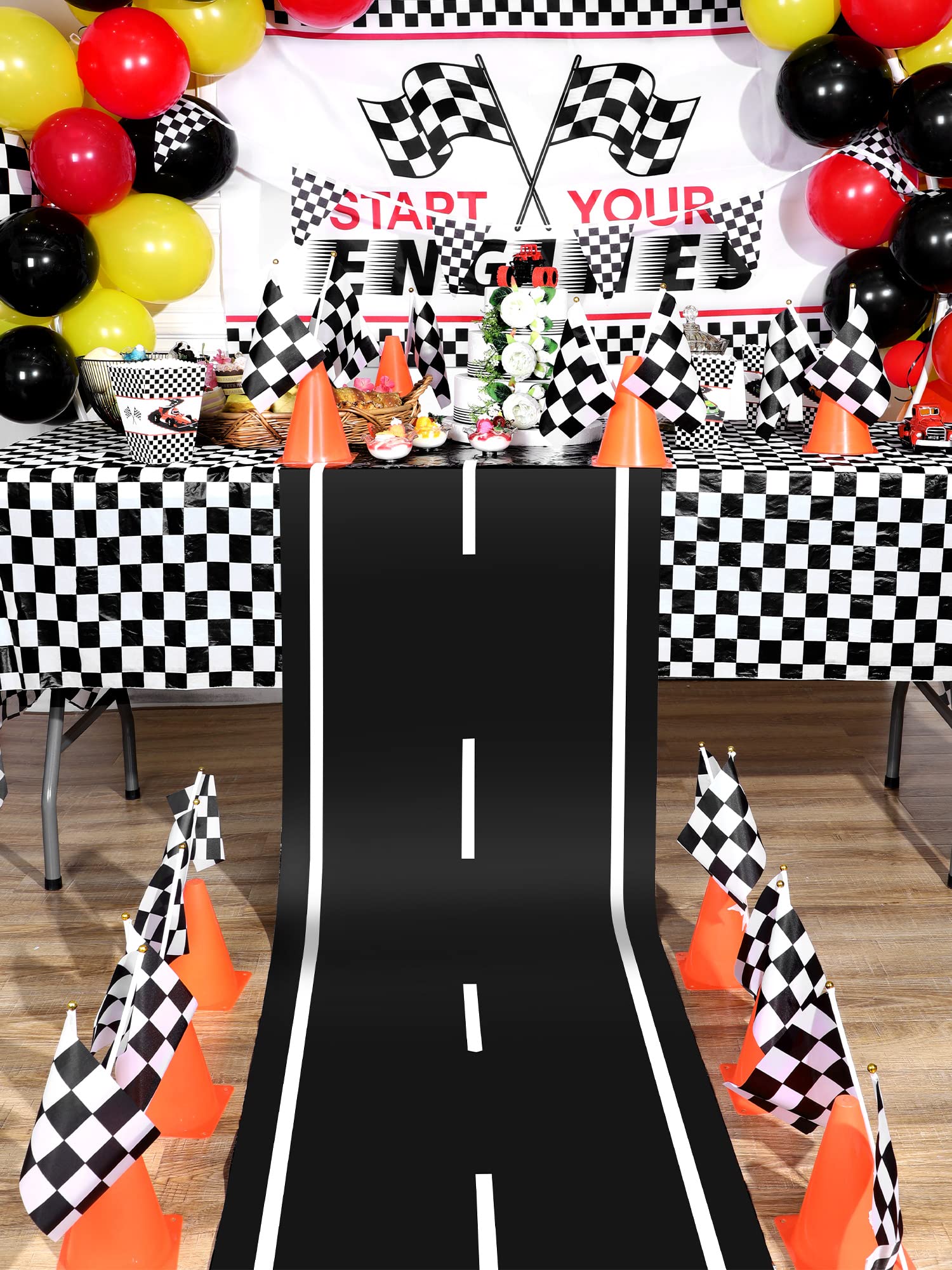 Racetrack Floor Running Black Racer Party Decoration Mat Road Table Runner Long Racetrack Tablecloth Drag for Party (Simple Style,16 ft x 2 ft)
