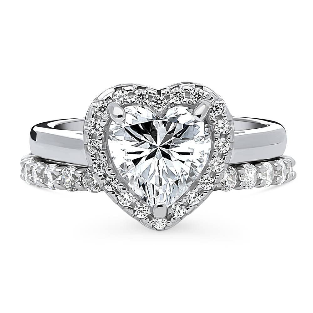 BERRICLE Sterling Silver Halo Wedding Engagement Rings Cubic Zirconia CZ Heart Ring Set for Women, Rhodium Plated Size 7