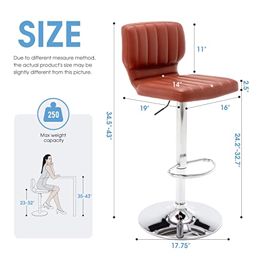 Brage Living Adjustable Bar Stools Set of 2, Modern PU Leather Swivel Barstools with Back, Armless Airlift Counter Height Bar Chairs for Kitchen Dining Pub Cafe (Brick)