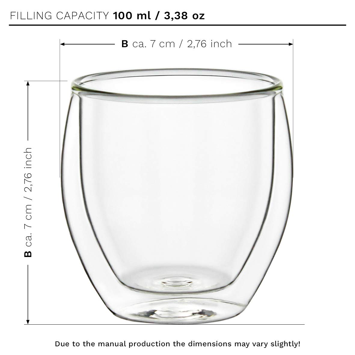 Creano Double Wall Espresso Glasses 3.5 OZ, Insulated Glass Cups - 6X 3.5oz (100ml)