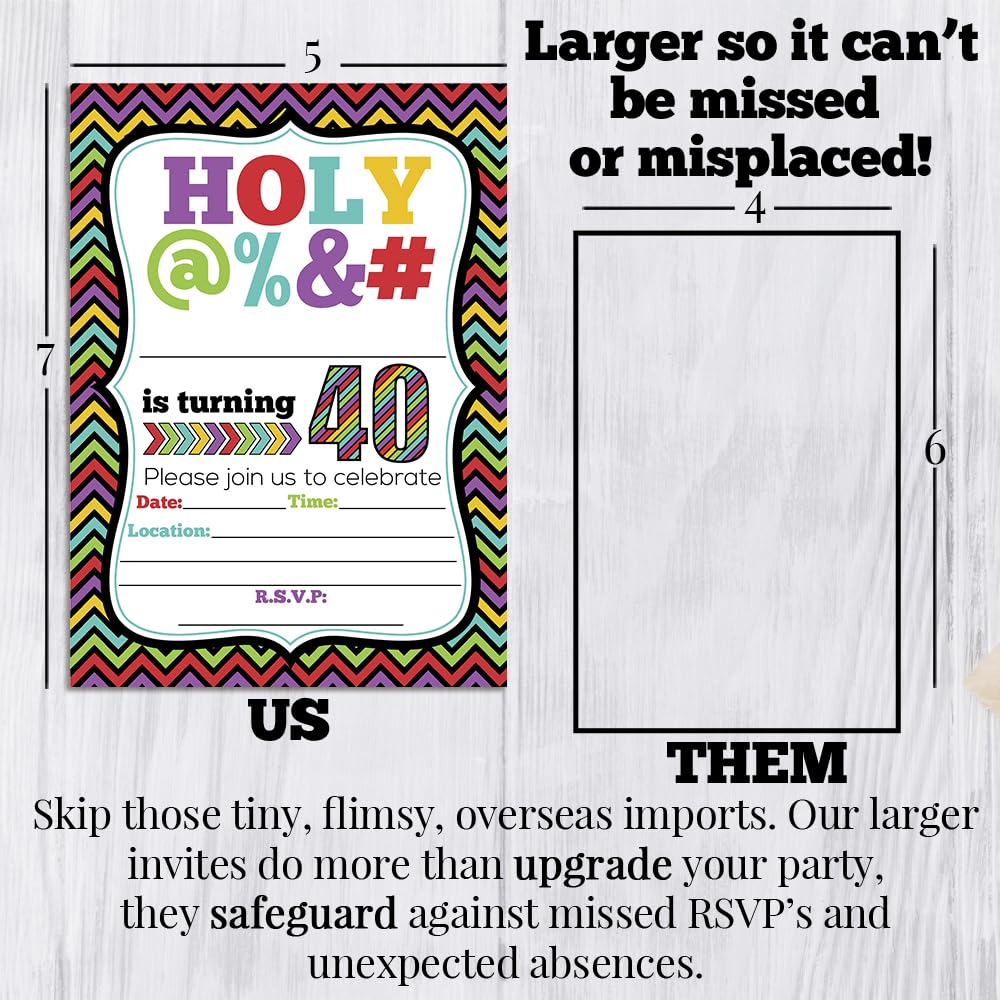 HOLY @% 40th Birthday Party Invitations, 20 Funny 5x7 Fill In Cards with Twenty White Envelopes for Milestone Birthdays by AmandaCreation