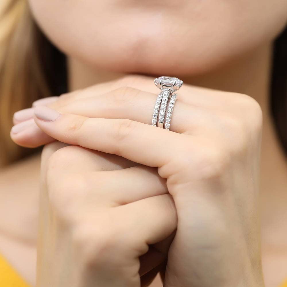 BERRICLE Sterling Silver Solitaire Wedding Engagement Rings 3.8 Carat Round Cubic Zirconia CZ Ring Set for Women, Rhodium Plated Size 7.5