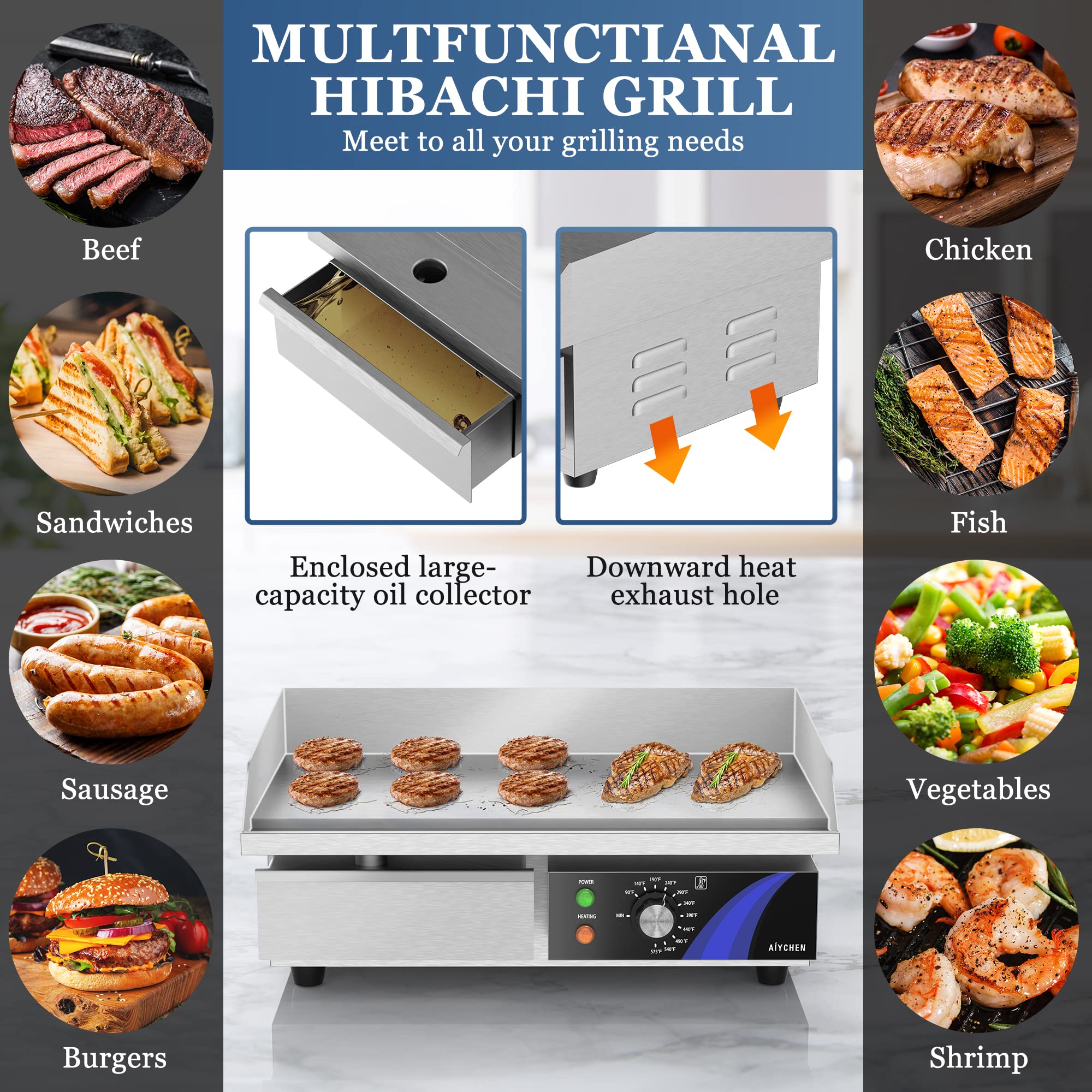 Commercial Griddle 22" Commercial Electric Griddle 220V 3000W Non-Stick Countertop Flat Top Griddle Stainless Steel Grill with Shovels Adjustable Temperature Control 90°F-575°F (22'')