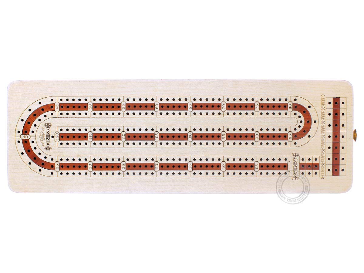 House of Cribbage Continuous Cribbage Board Alphabet e Shape Inlaid in Maple and Bloodwood with Storage Drawer for pegs and Cards - 3 Tracks