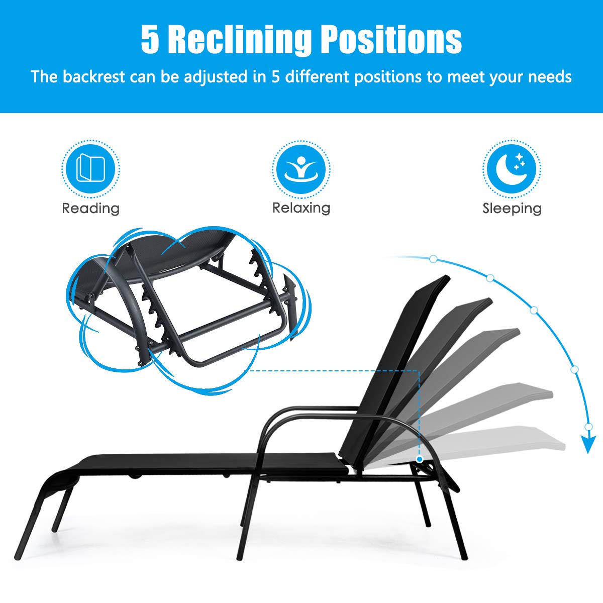 Giantex 2 Pcs Lounge Chairs Patio Furniture, Backyard Lawn Sling Chaise w/Adjustable Back, Folding Recliners for Outdoor, Black