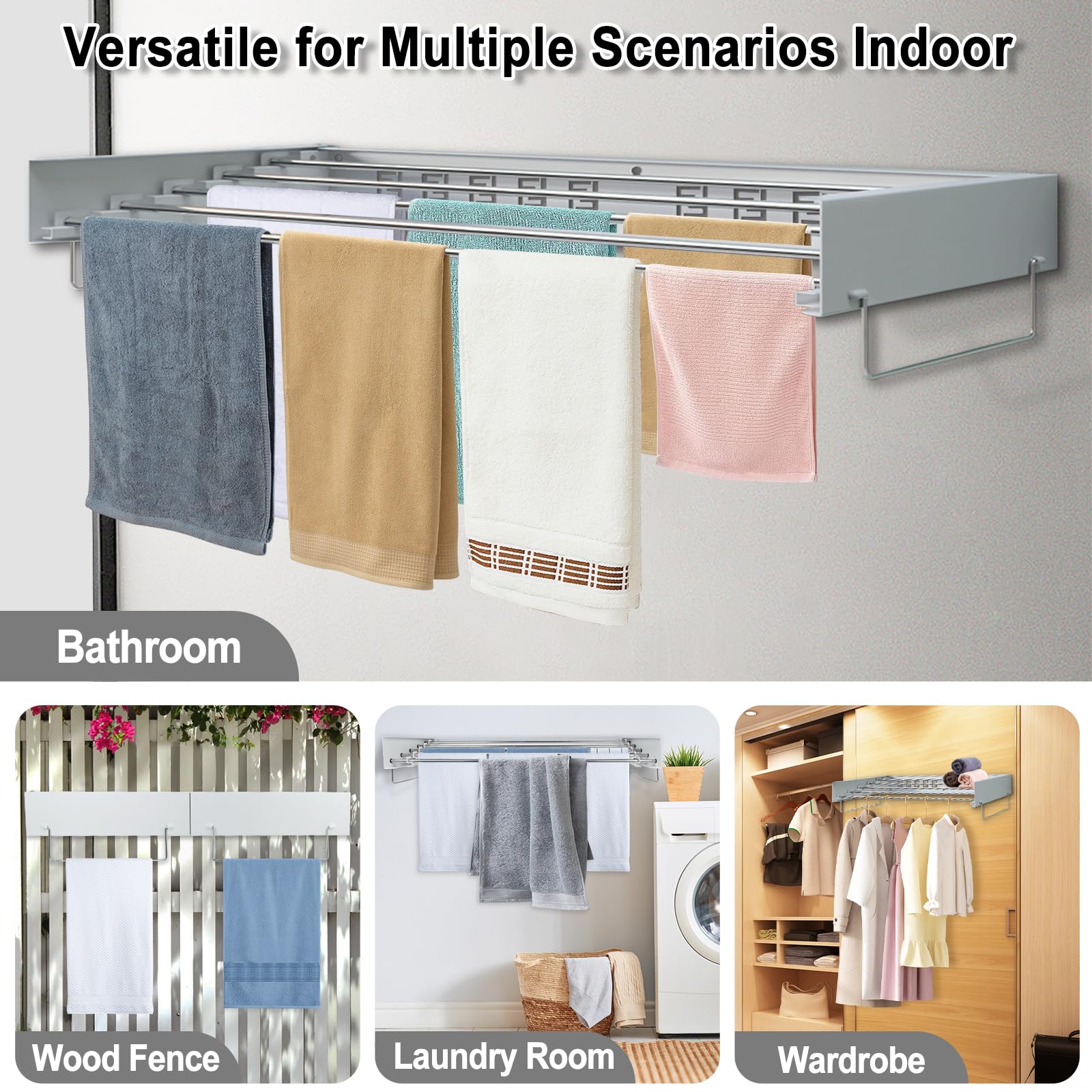 CROSDE Clothes Drying Rack Foldable, Wall Mounted Retractable Clothing Laundry Rack, Space Saving Heavy Duty Hanger Dryer Rack for Indoor Outdoor, 110 lb Capacity (Silver 32'')