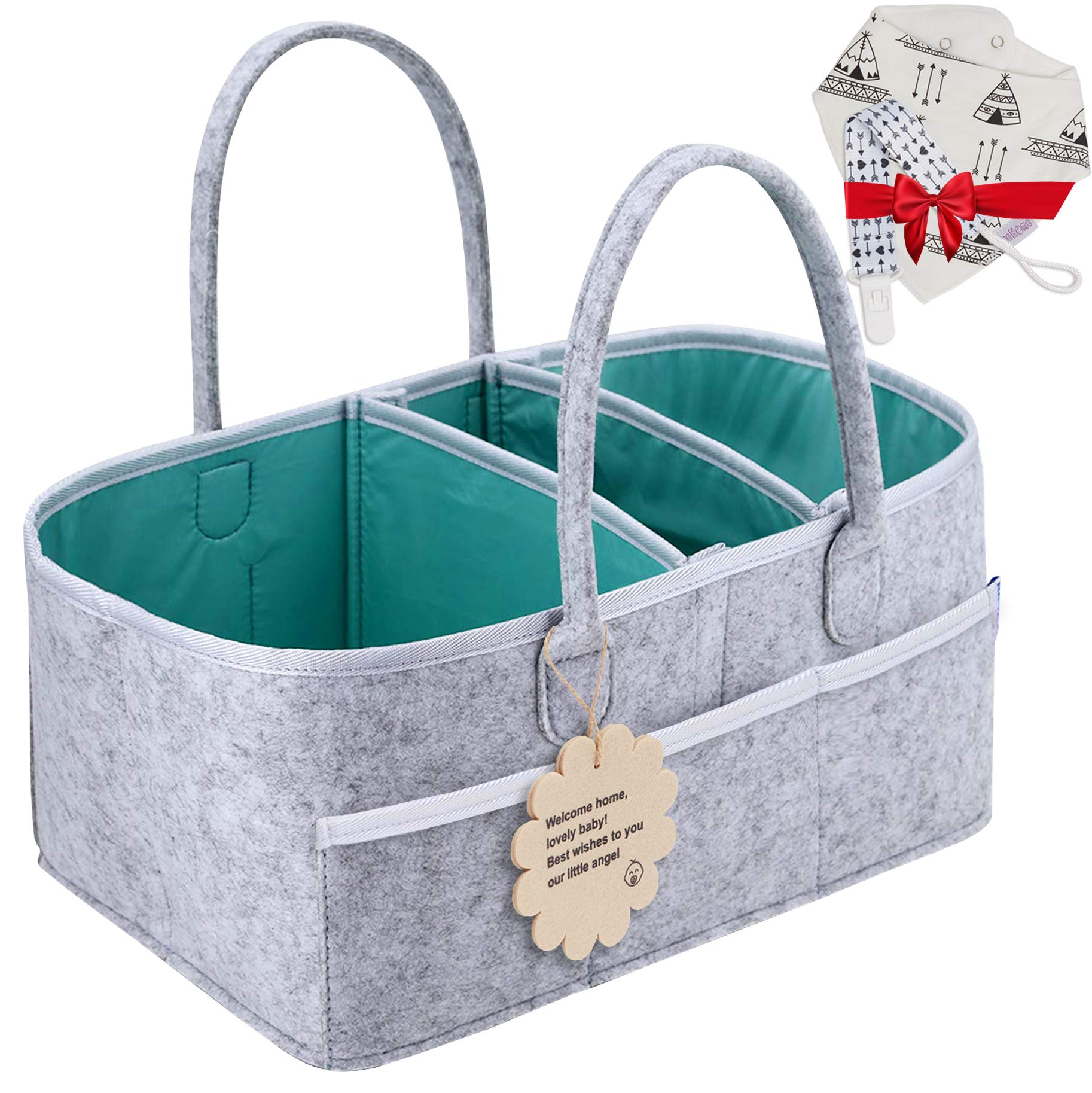 Baby Diaper Caddy Organizer - Shower Registry Gift Basket with Pacifier Clips, Bibs for Newborn - Caddy Nursery with Waterproof Liner Easy to Clean Perfect for Changing Table and Car - Grey Nappy Bag