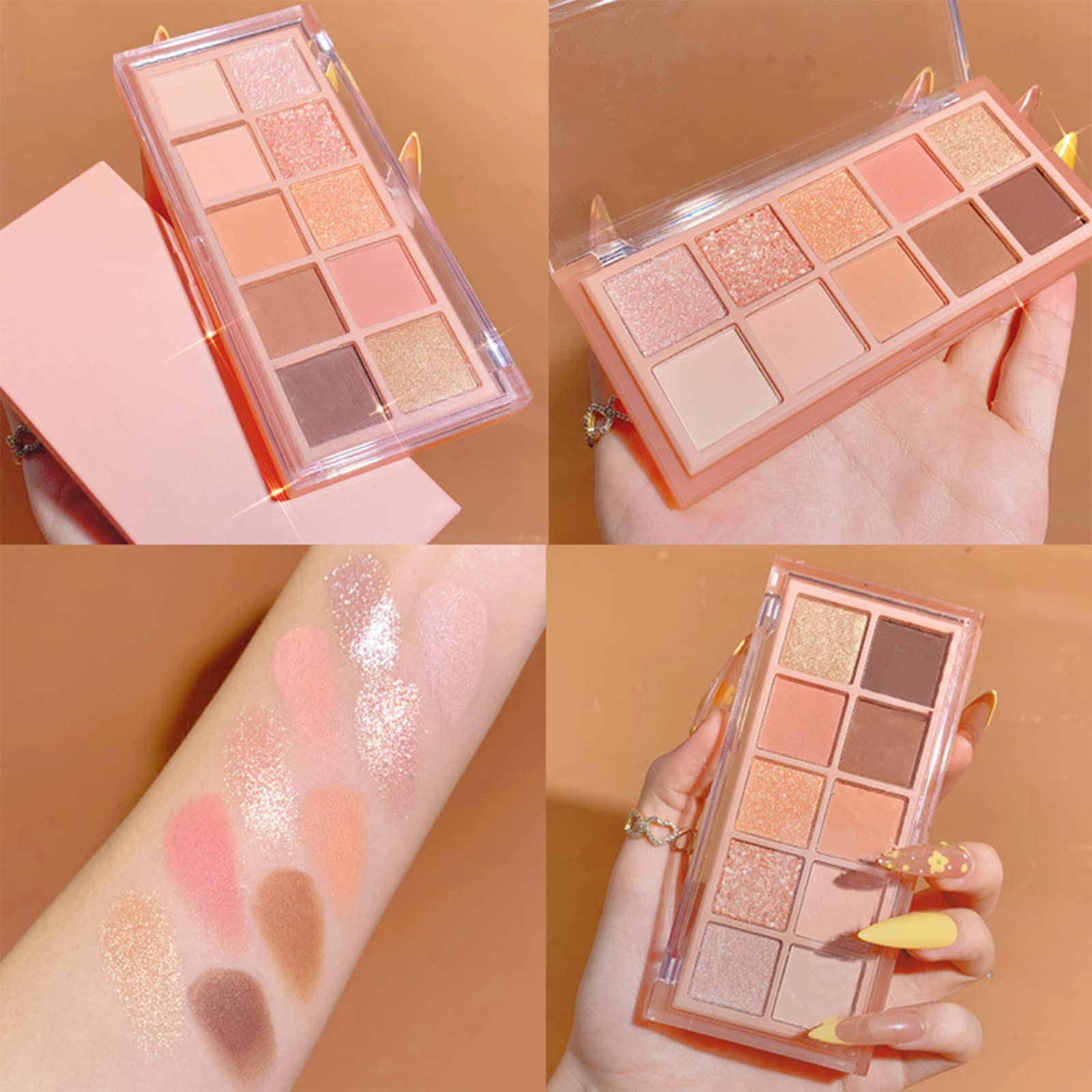 Erinde 10 Colors Eyeshadow Palette Makeup - Matte Shimmer Glitter Eye Shadow, Ultra-Blendable, High Pigmented, Naturing-Looking, Neutral Nude Eyeshadow Pallet with Professional Brush, Peach Color