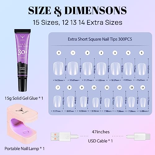 Ejiubas Gel Nail Kit, Nail Tips and Gel Kit with 15ML Solid Gel, 300PCS Extra Short Square Fake Nails with Portable Nail Lamp, DIY Nail Art Tools Gel Nail Extension Kit Acrylic Nail Kit