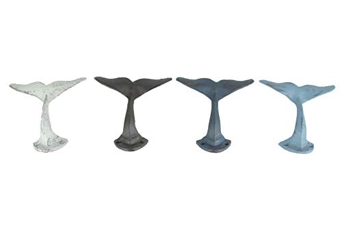 Zeckos Set of 4 Colorful Cast Iron Whale Tail Wall Hooks Decorative Coastal Metal Hangers