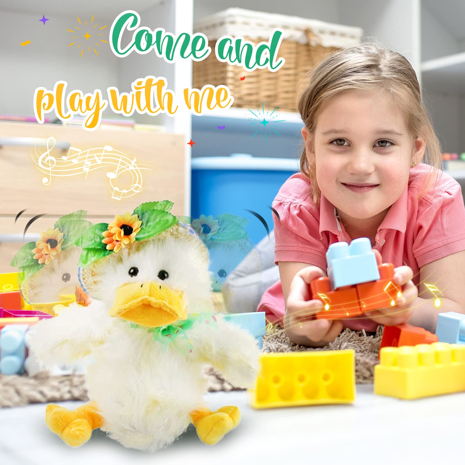Houwsbaby 12" Electronic Music Dancing Duck Stuffed Animal Singing Dancing Singing Waving Interactive Plush Toy with Straw Hat for Boys Girls Kids Easter Birthday