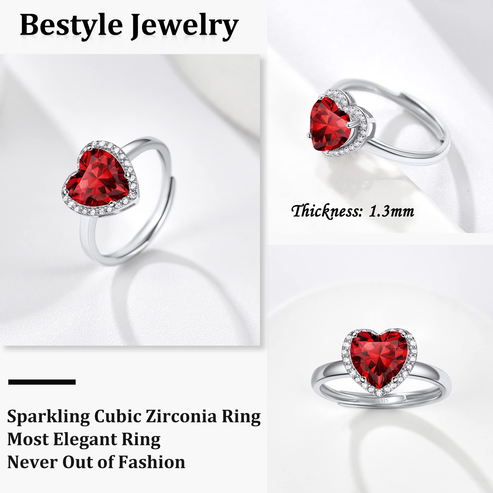 Bestyle 925 Sterling Silver Created Diamond Rings Heart Crytsal Rings for Women, 8mm January Granet Birthstone Gemstone Rings Illuminated by 1mm White Cubic Zirconia
