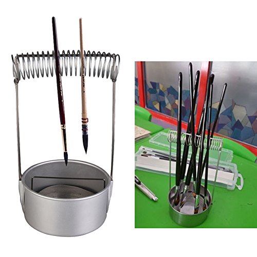 Paint Brush Basin with Brush Organizer, Multifunction Stainless Steel Art Brush Washer Cleaner with Screen and Holder Spring Desk Stand Organizer Holding Rack for Paint Brushes Cleaning and Drying
