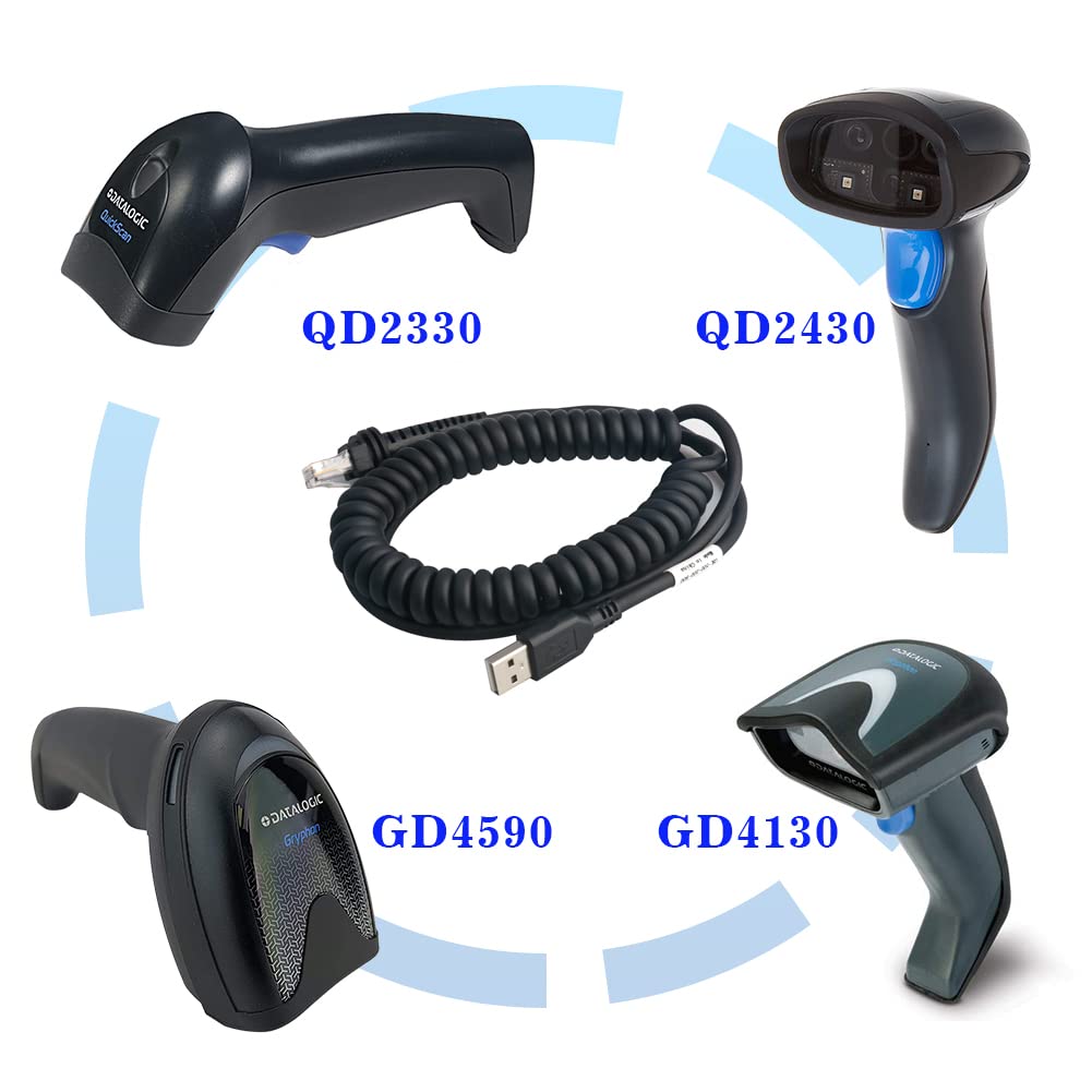 VOTTAN USB Cable Coiled 3 Meter, Type A USB to RJ45 Barcode Scanner Cable for Datalogic GD/GM/QD/QM Series GD4330 GD4430 (3M / 9FT Coiled USB Port)