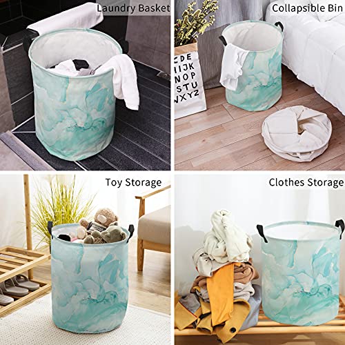 Marble Aqua Large Laundry Basket, Collapsible Bag with Easy Carry Handles, Ombre Painting Abstract Golden Line Waterproof Foldable Freestanding Hamper, Folding Washing Bin Clothes Storage Round