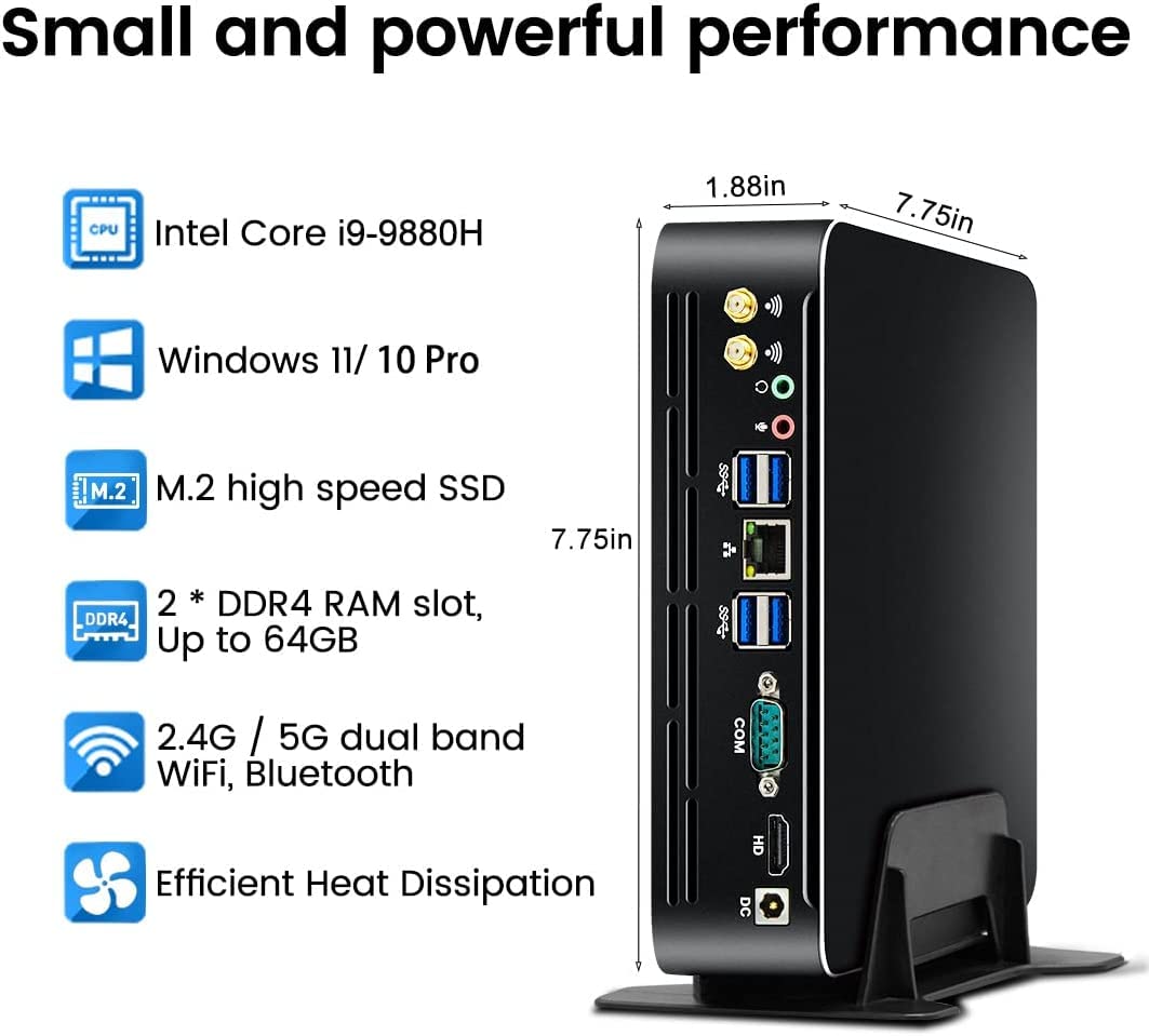 BOESIIPC Mini Desktop PC, Mini Computer Core i9-9880H Windows 11 Pro, 32G DDR4 RAM 1T NVME M.2 SSD, 4K HDMI, USB3.0, COM, 2.4G/5.0G WiFi, BT4.0 LAN for Business Home Education Office