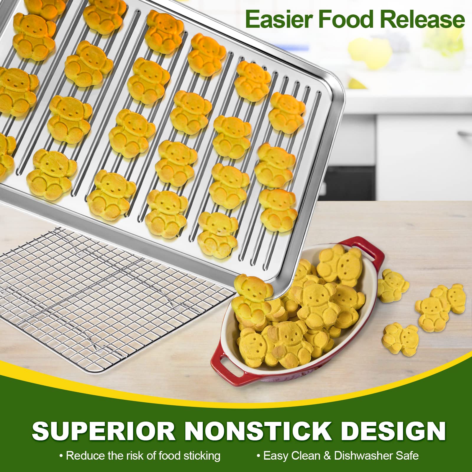 Baking Sheet with Wire Rack Set (2 Baking Pans + 2 Cooling Racks), CEKEE Stainless Steel Cookie Sheets for Baking Sheet Pan Tray, Jelly Roll Pan, Warp Resistant & Heavy Duty, Size 16 x 12 x 1 Inches
