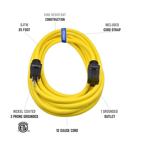 Clear Power 25 ft 12/3 SJTW Heavy Duty Outdoor Extension Cord, Water,Weather & Kink Resistant, Flame Retardant, Yellow, 3 Prong Grounded Plug, CP10144