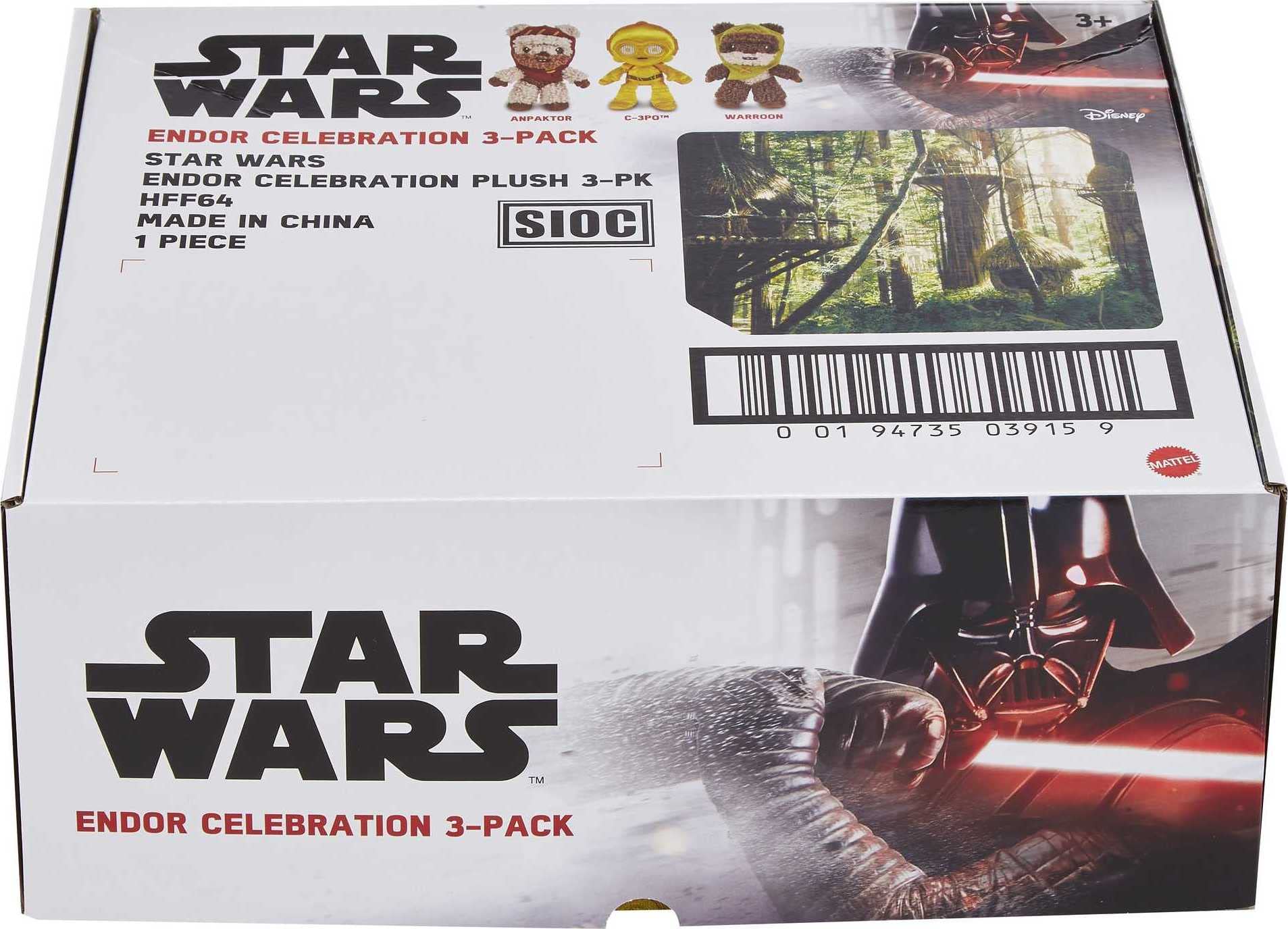 Mattel Star Wars Plush 8-Inch Figure 3-Pack, Return of the Jedi Endor Celebration Set, 2 Ewoks & 1 C-3Po Soft Robot Doll with Metallic Fabric