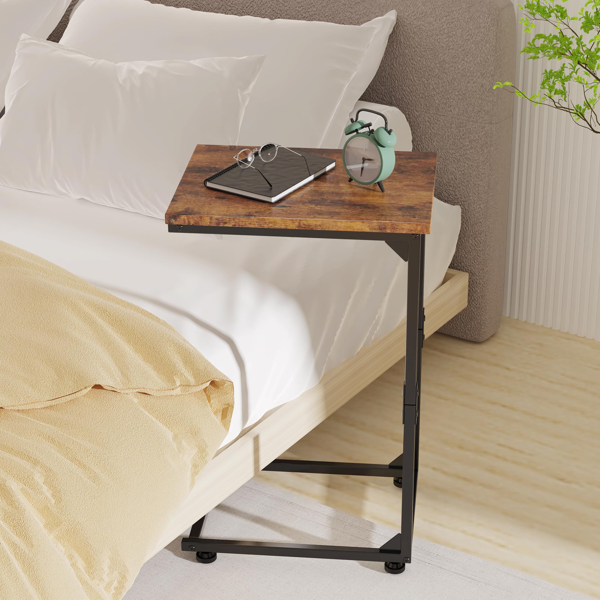 C Shaped End Table, Small Side Table for Couch, Laptop Table, Small TV Tray Table, Sofa Table for Living Room, Bedroom, Bedside, Small Spaces (Rustic Brown and Black)