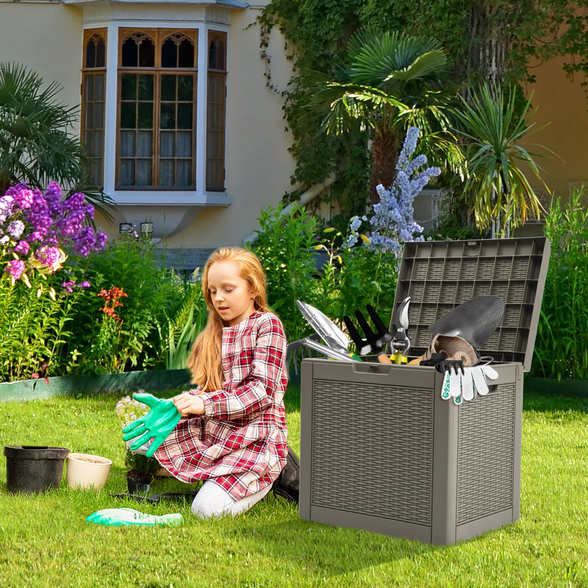 YITAHOME 32 Gallon Deck Box, Resin Storage with Lockable Lid & Side Handles, Indoor Outdoor Small Container for Patio Cushion, Garden Pool Accessories, Backyard Furniture, Water Resistant