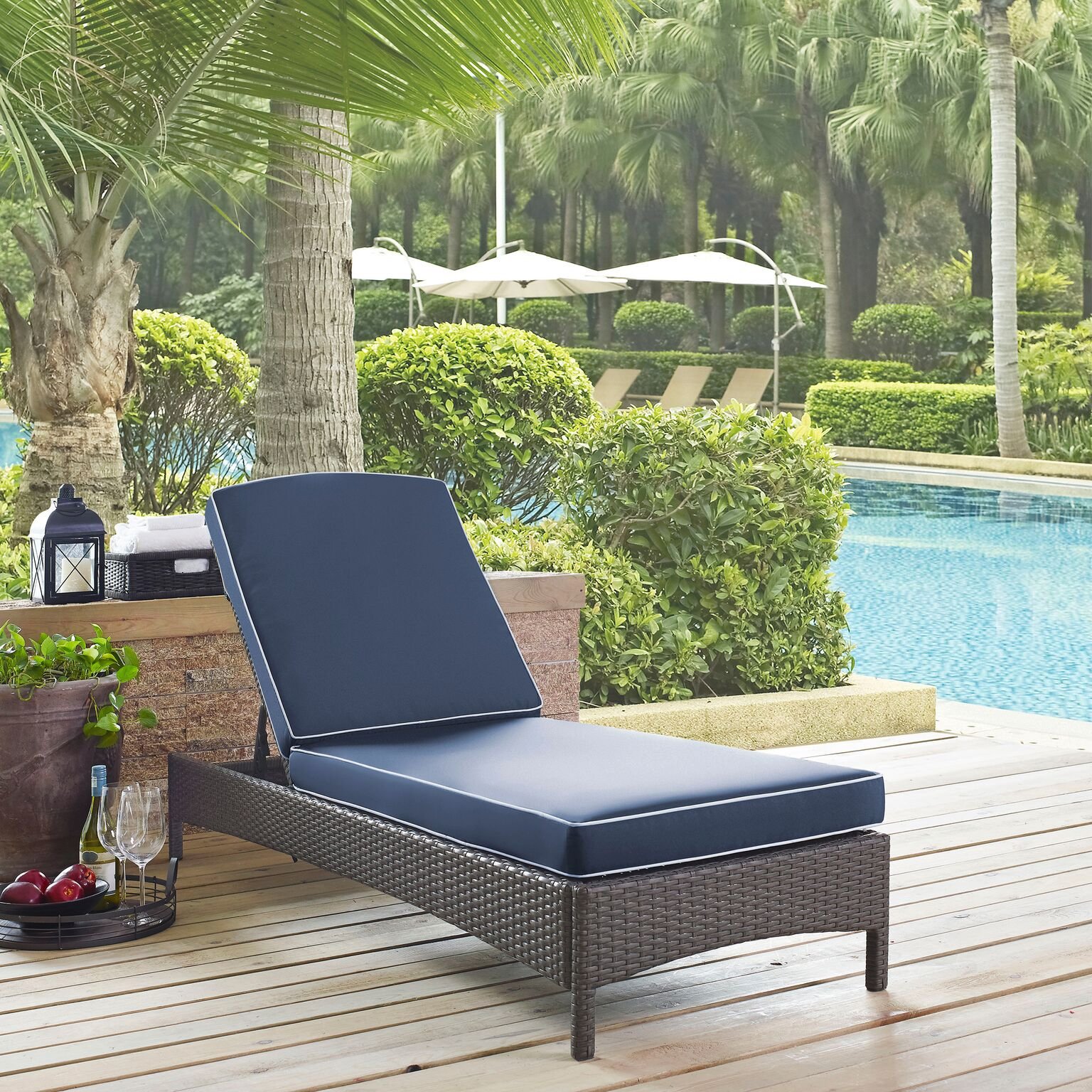 Crosley Furniture Palm Harbor Reclining Wicker Outdoor Chaise Lounge Chair for Patio, Deck, Poolside, Gray with Navy Cushions