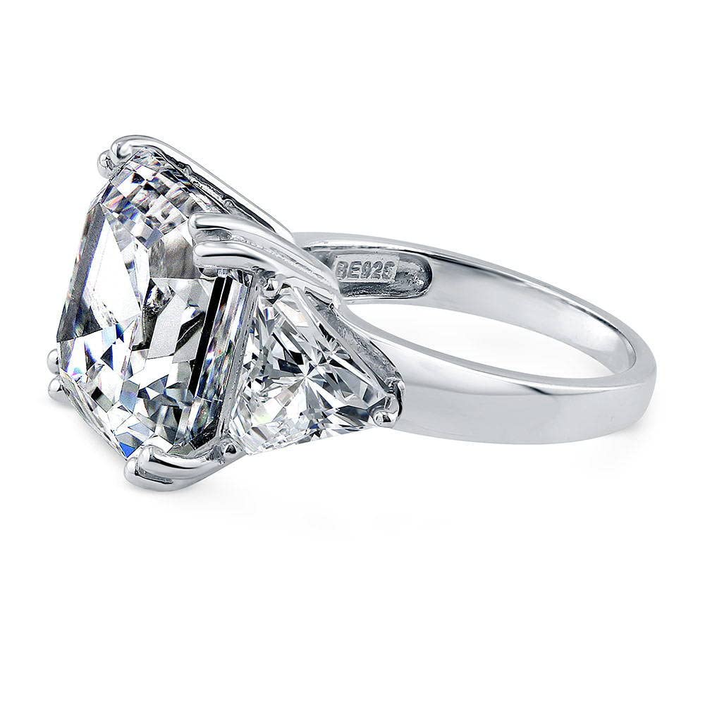 BERRICLE Sterling Silver 3-Stone Wedding Engagement Rings Asscher Cut Cubic Zirconia CZ Statement Cocktail Anniversary Ring for Women, Rhodium Plated Size 7