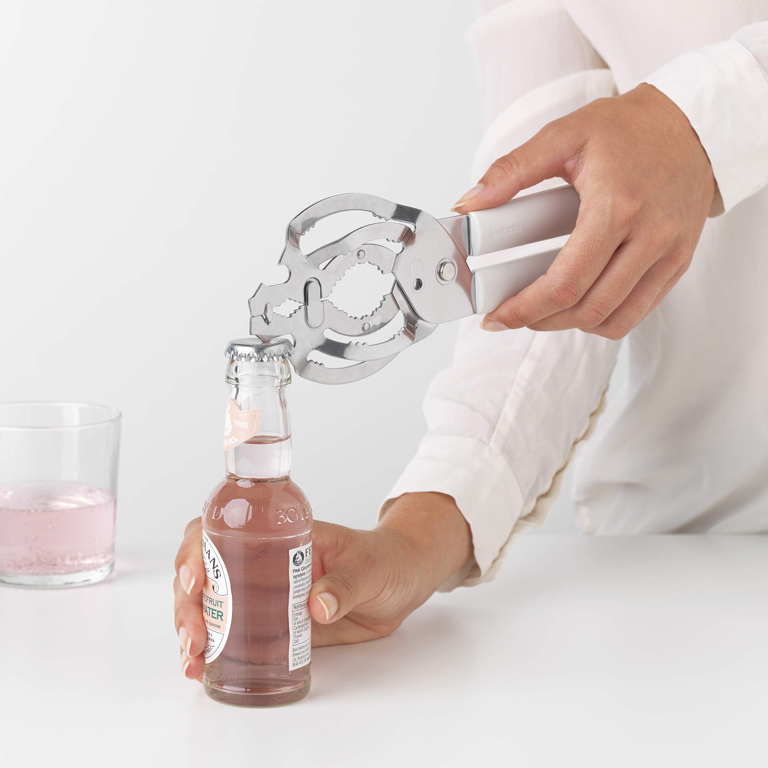 Brabantia Tasty+ Universal Can, Jar, Bottle Opener (Light Grey) Easy to use, Unscrews Small or Large Caps, Tops Lids