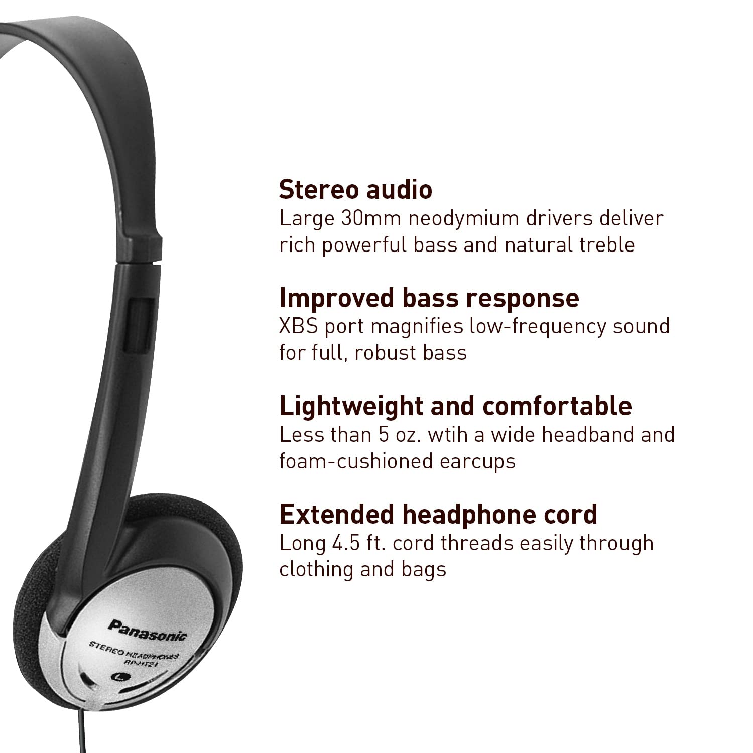 Panasonic Headphones, On-Ear Lightweight Earphones with XBS for Extra Bass and Clear, Natural Sound, 3.5mm Jack for Phones and Laptops, Work from Home - RP-HT21 (Black & Silver)