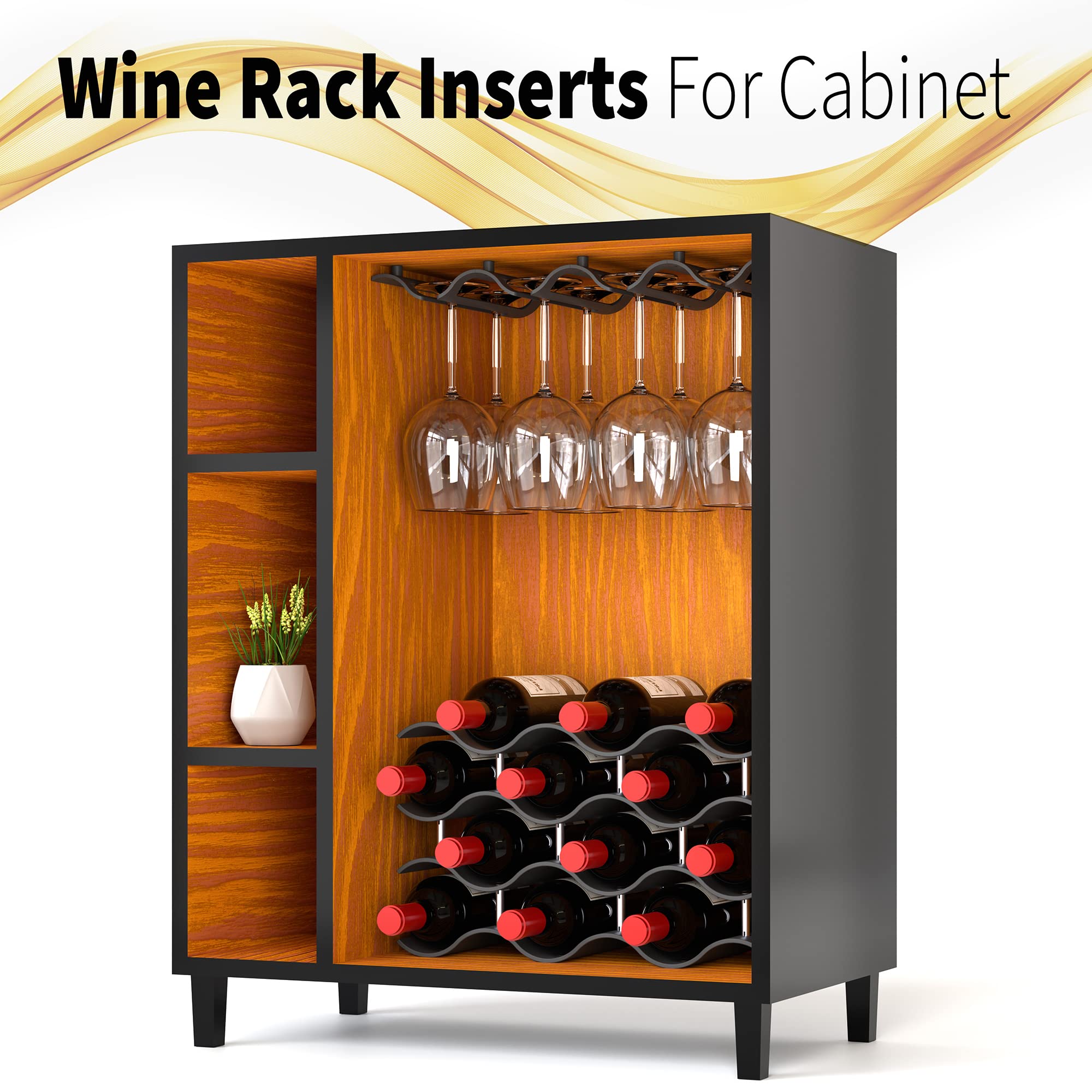 Bariboo Wave Wine Bottle Holder - Wine Rack Inserts for Cabinet That Fits 12 Bottles, Premium Plastic Countertop Wine Rack (Black, L)