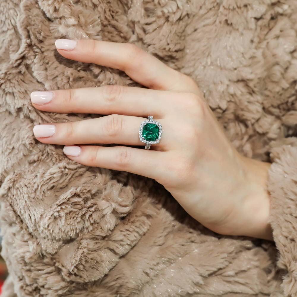 BERRICLE Sterling Silver Halo Green Cushion Cut Cubic Zirconia CZ Statement Cocktail Fashion Ring for Women, Rhodium Plated Size 7