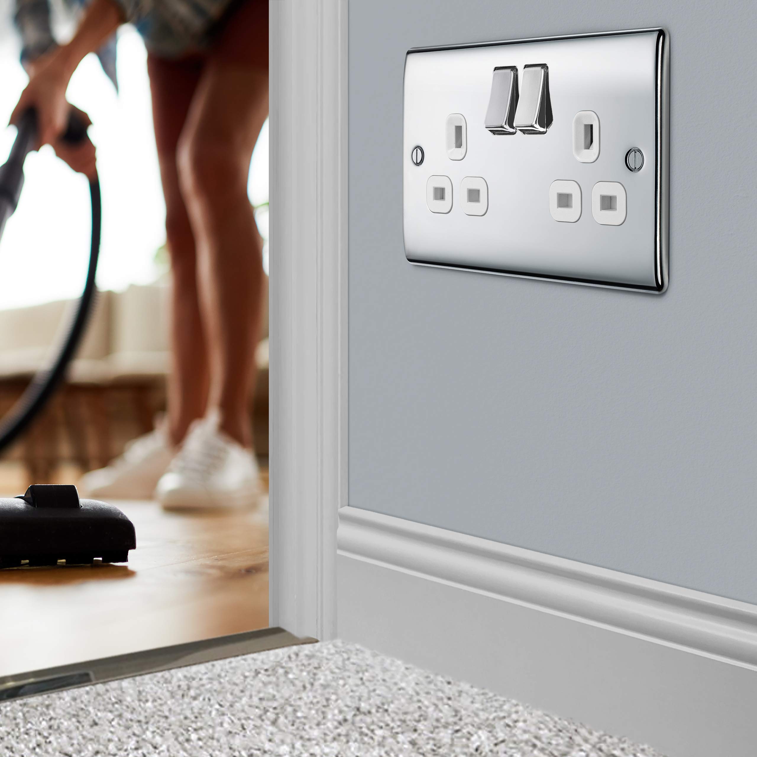 BG Electrical Double Switched Power Socket with White Inserts, Polished Chrome, 13 Amp