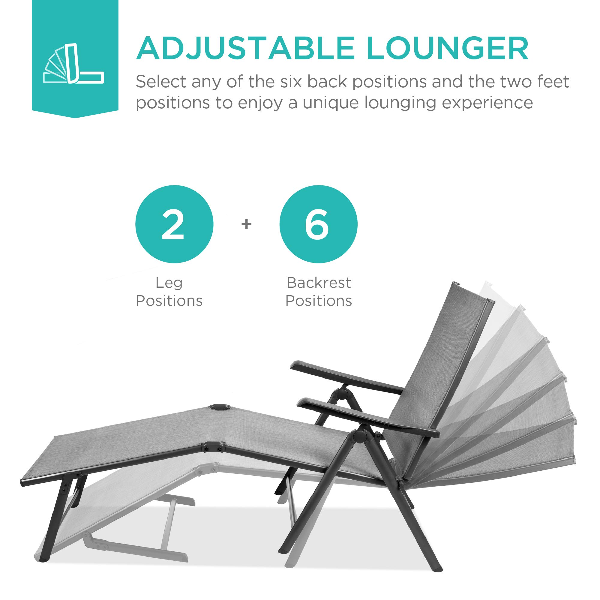 Best Choice Products Set of 2 Outdoor Patio Chaise Lounge Chair Adjustable Reclining Folding Pool Lounger for Poolside, Deck, Backyard w/Steel Frame, 250lb Weight Capacity - Gray