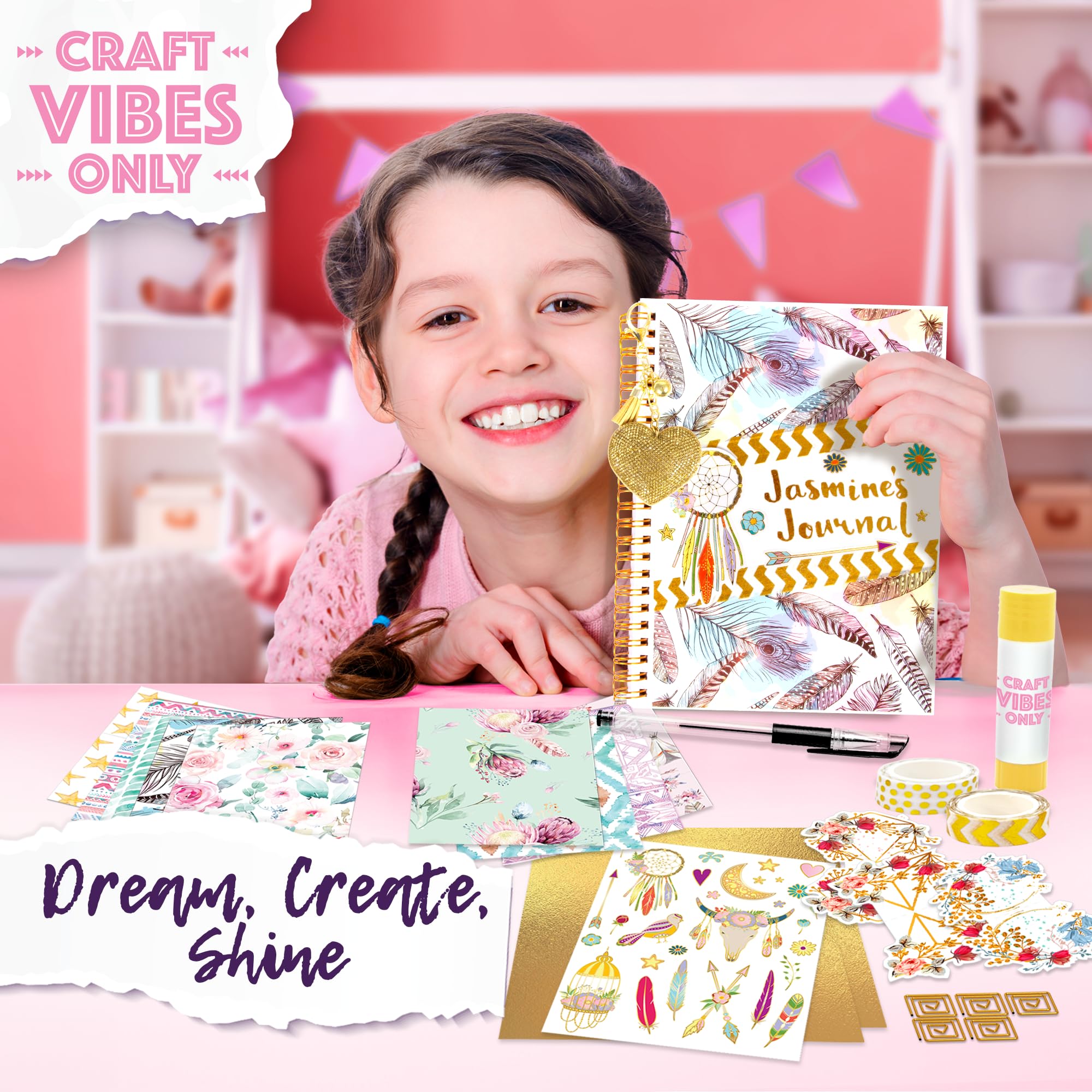 Good Vibes Journal DIY Set by Craft Vibes Only β Personalized Diary - Custom Journals for Girls - Creative Writing Scrapbook Kit - Customize Your Notebook - Pen Included! - Ages 8 & Up