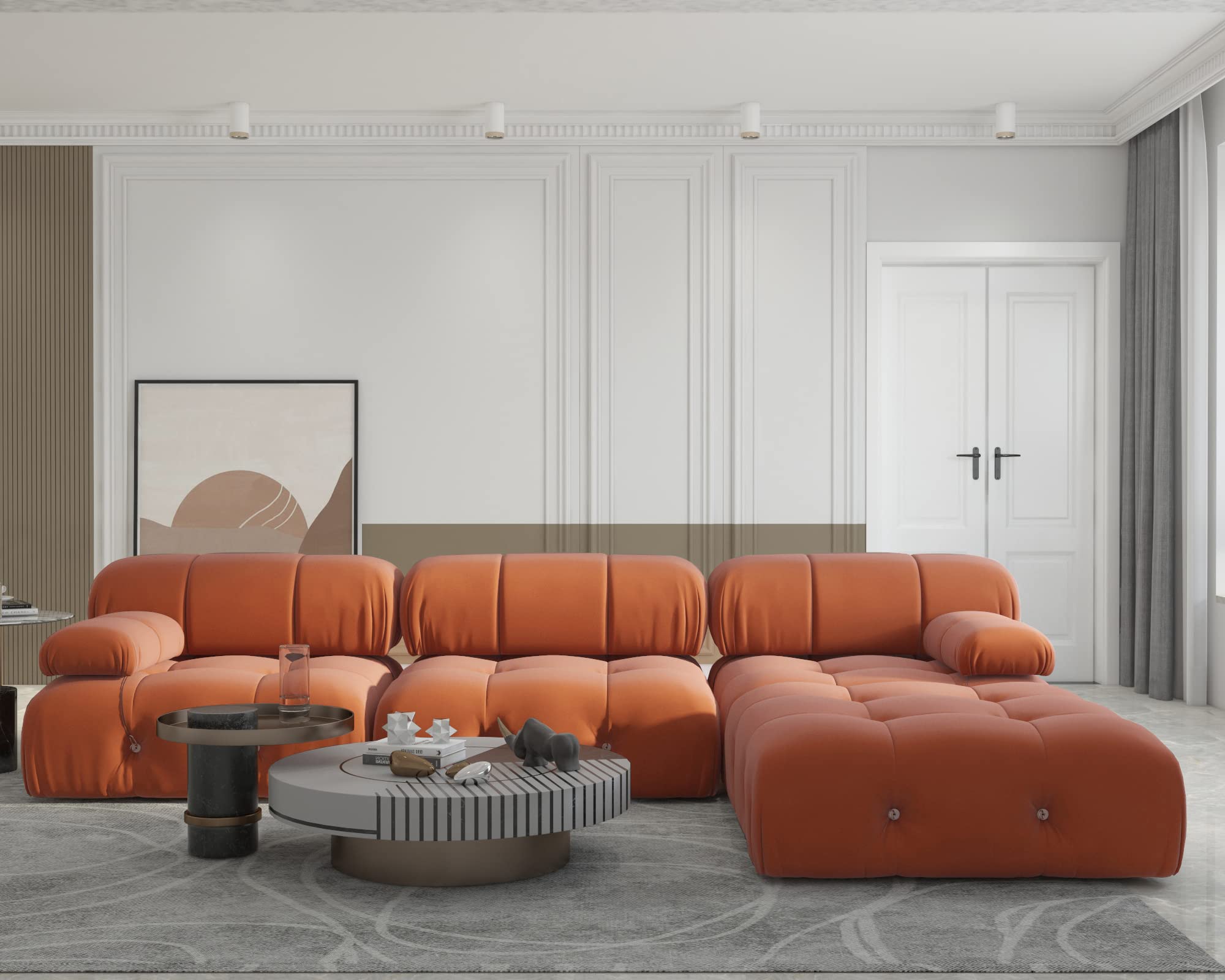 MGH Convertible Modular, Minimalist Couch with Ottomans, L-Shaped Velvet Sofas Couches, 4-Seat Sofa Couch Sectional with Reversible Chaise for Living Room (Orange)