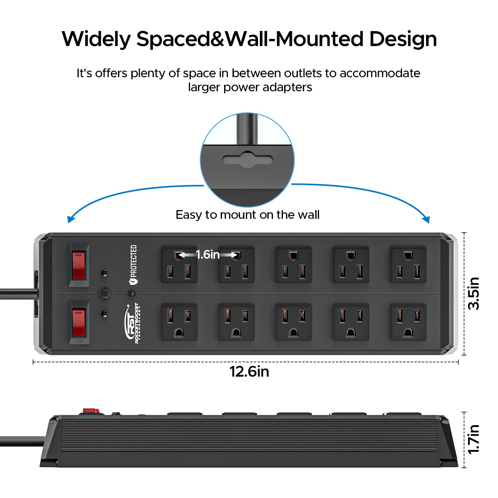 CRST 1875W Heavy Duty Power Strips with Individual Switches Metal Case, 15A Circuit Breaker(1020J) Surge Protector Power Strip, 9 FT Cord, Fit for Workshop, Garage, Home, Office