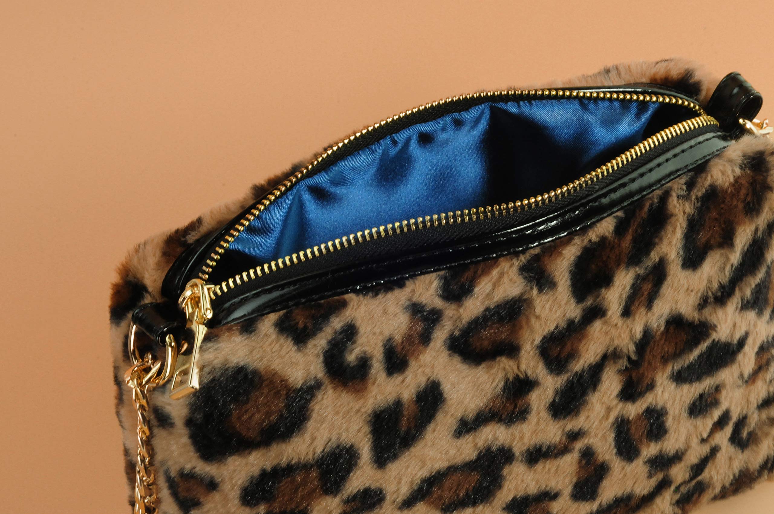 HOXIS Faux Fur Furry Crossbody Shoulder Handbag Clutch Purse(Leopard print)