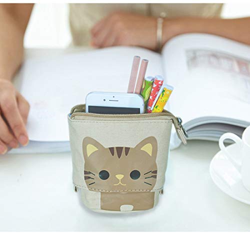 Oyachic Telescopic Pencil Holder Cat Pen Case Stand UP Cosmetics Organizer Pouch Zipper Box Bag with Inner Pocket