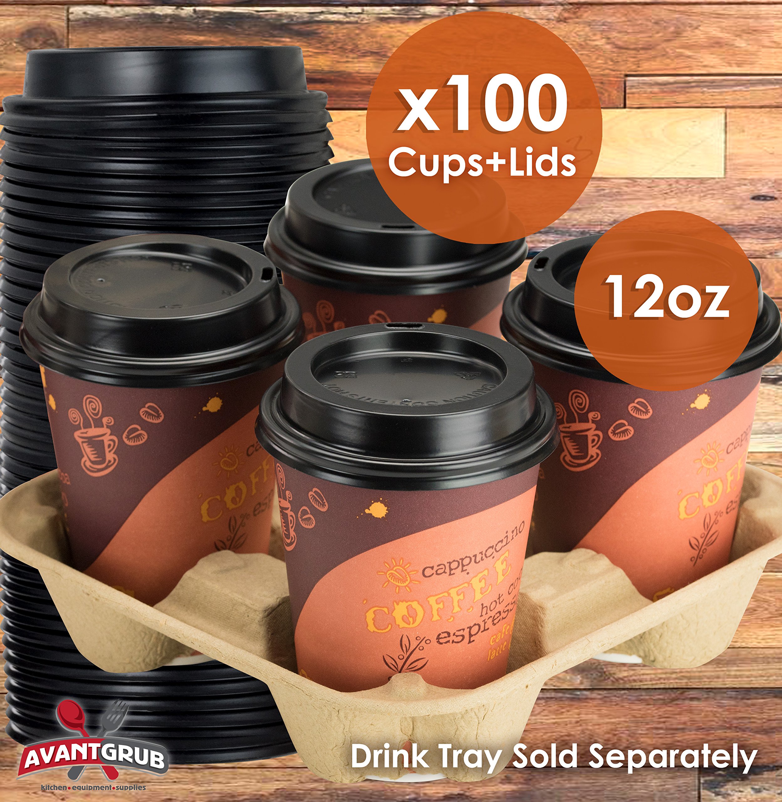 Avant Grub 100 Pack 12 Oz Restaurant Grade Paper Coffee Drinking Cup With Recyclable Dome Lids. Durable, BPA Free Disposable Designer Cups For Hot Drinks At Kiosks, Shops, Cafes